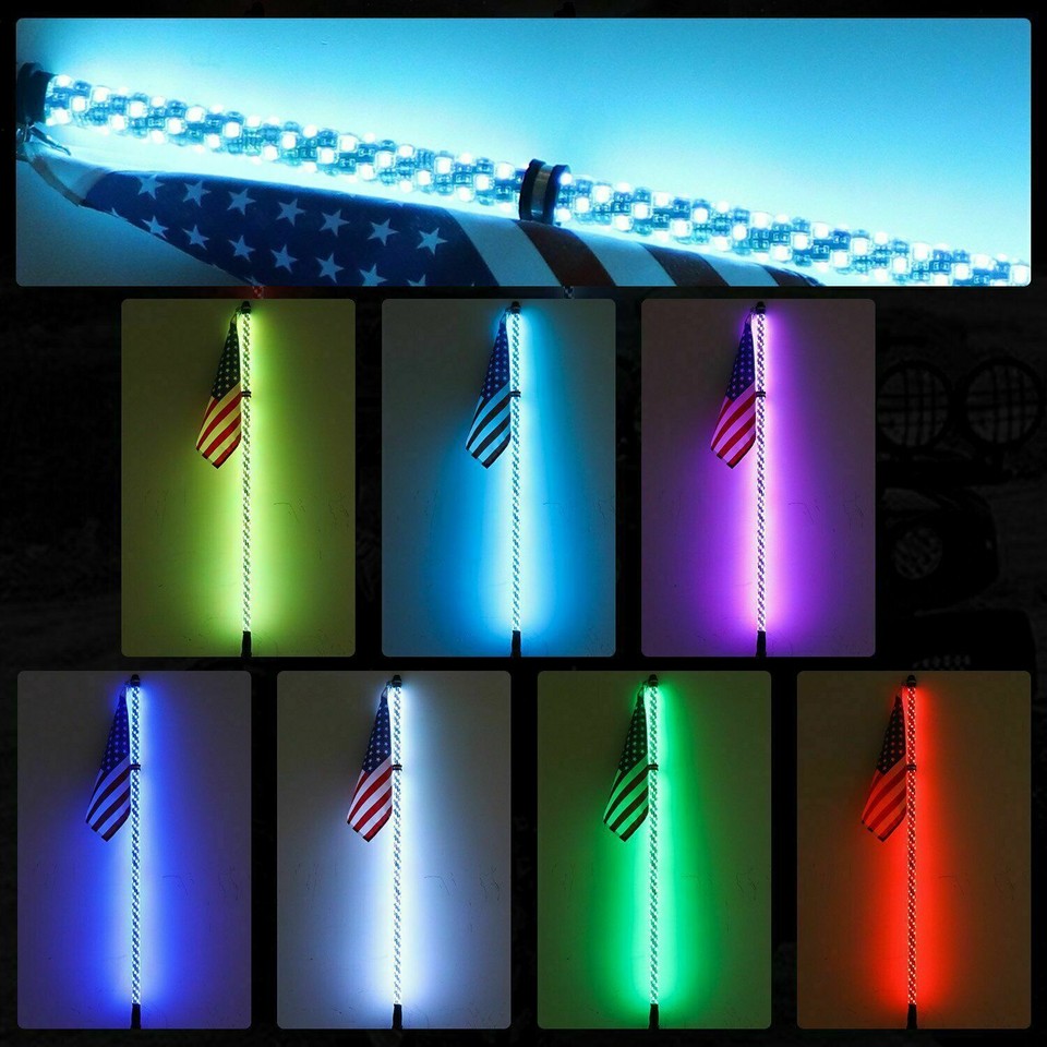 2X 4ft Lighted Spiral LED Whip Antenna w/Flag + 4 Pods RGB Rock Lights ...