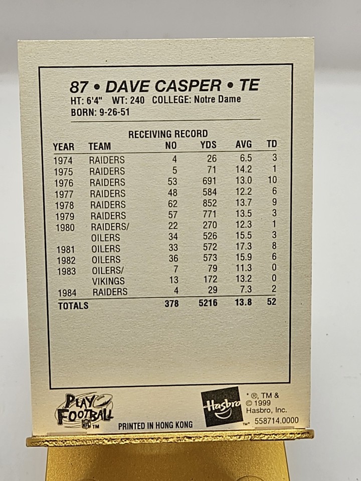 1999 Hasbro Starting Lineup Classic Doubles Dave Casper + Ken Stabler ...