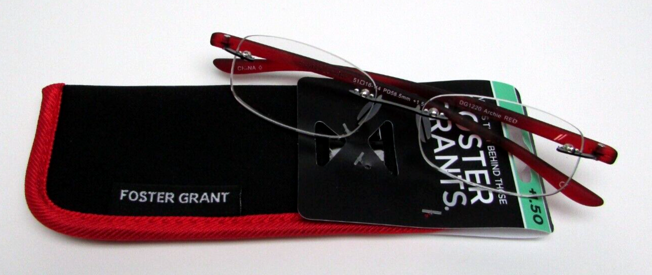 Foster Grant Rimless Reading Glasses with Soft Case ARCHIE RED +1.50 51 ...