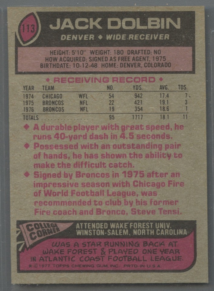 1977 Topps #113 Jack Dolbin Denver Broncos | eBay