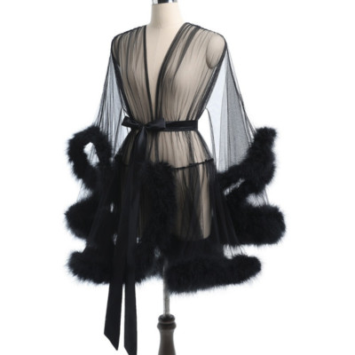 Ladies Sheer Mesh Pyjama Gown Bath Robe Faux Fur Trim Sexy Lingerie ...