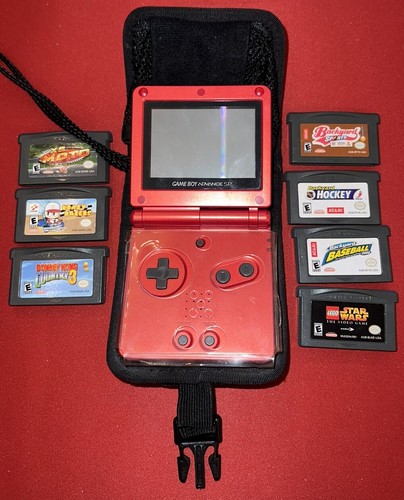 MINT FLAME RED NINTENDO GBA GAMEBOY ADVANCE SP with 7 GBA Games Case NO ...