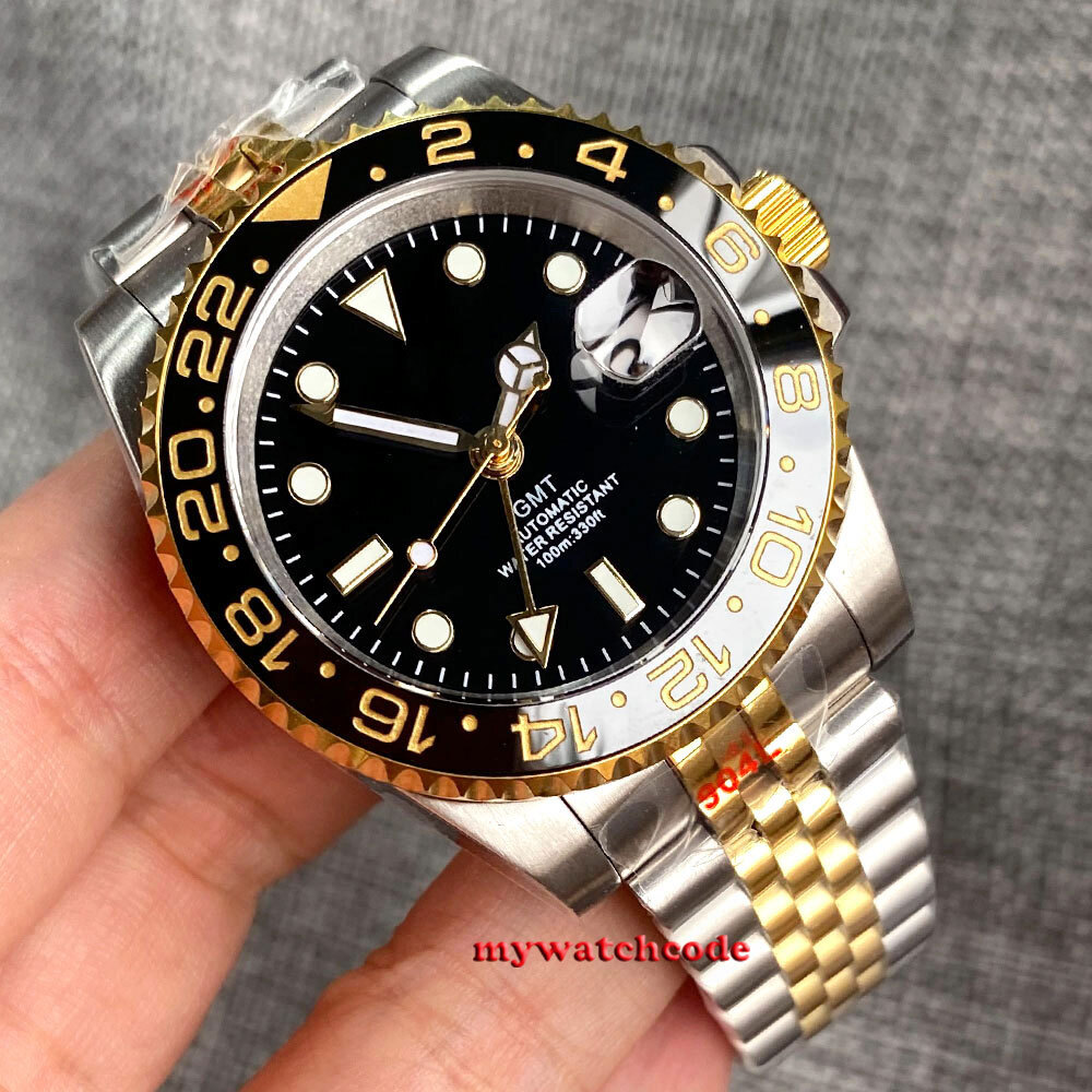 40mm BLIGER Black Dial Japan NH34A GMT Automatic Men Watch Two Tone ...