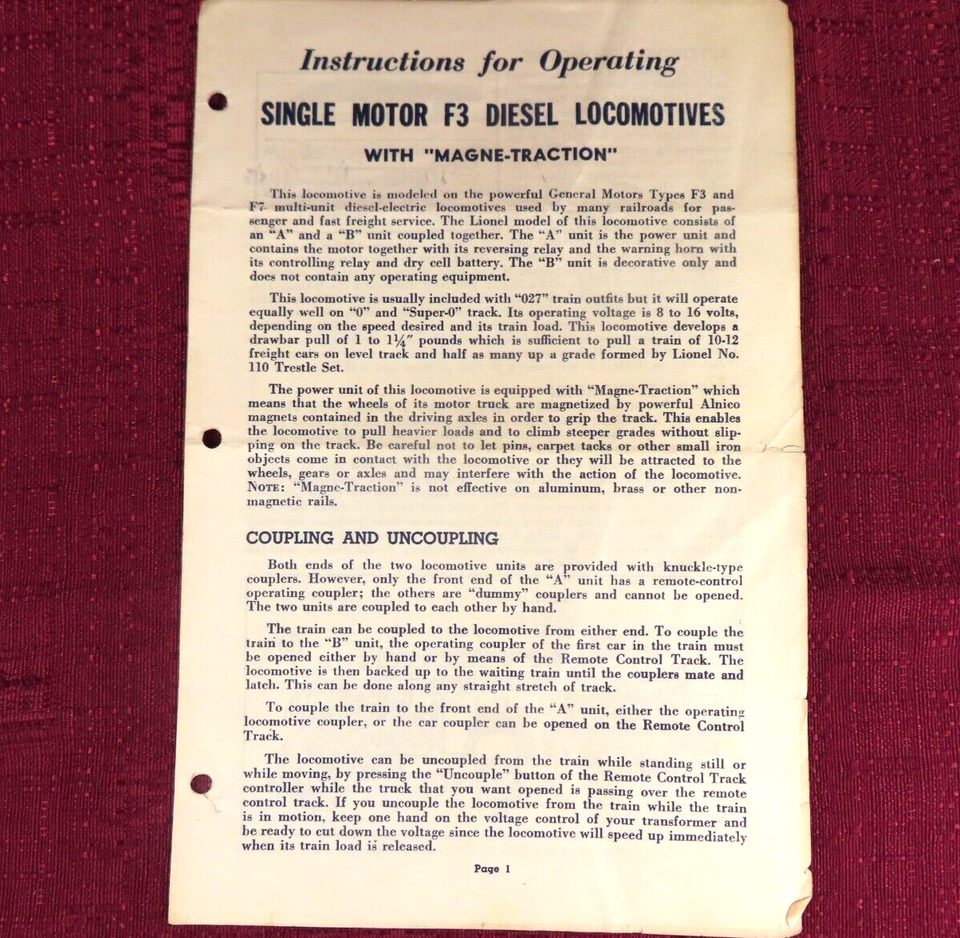 EMT - Lionel Postwar Instruction Sheet 2243 Single Motor F3 - FREE SHIP ...