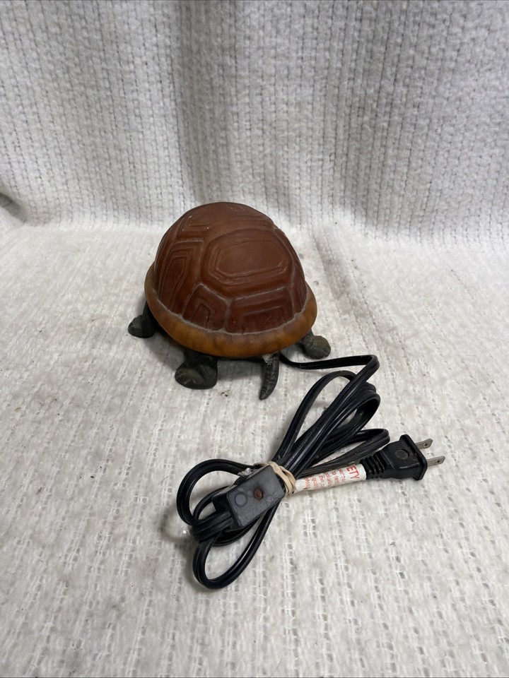 Turtle Lamp Frosted Amber Glass Shade Heavy Metal Base Table Decor ...