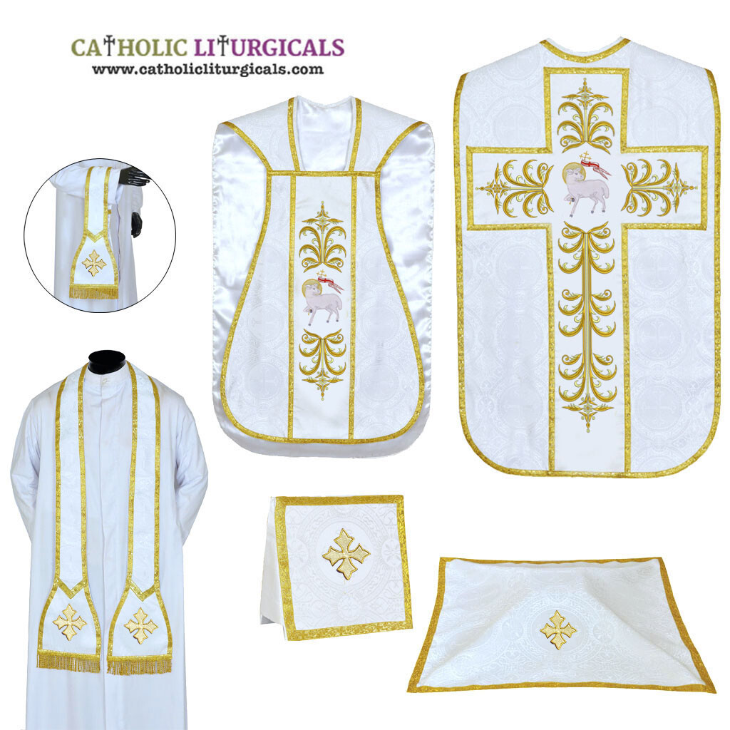 New White Roman Chasuble Fiddleback Vestment 5pc set,AGNUS DEI ...