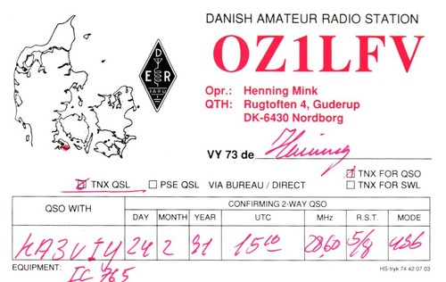 Danish Amateur Radio Station Nordborg Denmark OZ1LFV QSL Radio Card ...