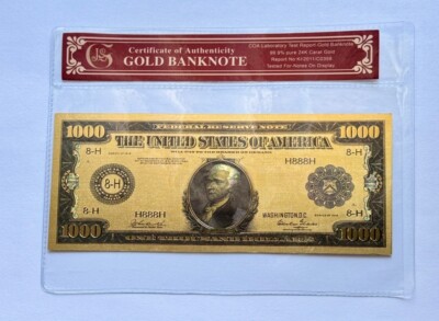 1918 $1000 Federal Reserve Banknote 24K Gold Foil / Protective Holder ...
