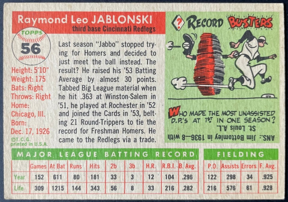 1955 Topps Baseball #56 Ray Jablonski Cincinnati Redlegs Vintage MLB ...