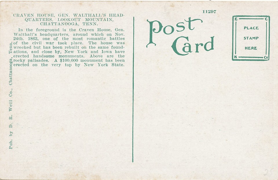 Lookout Mt Chattanooga TN * Craven’s House Gen. Walthall’s HQ c1915 D.R ...