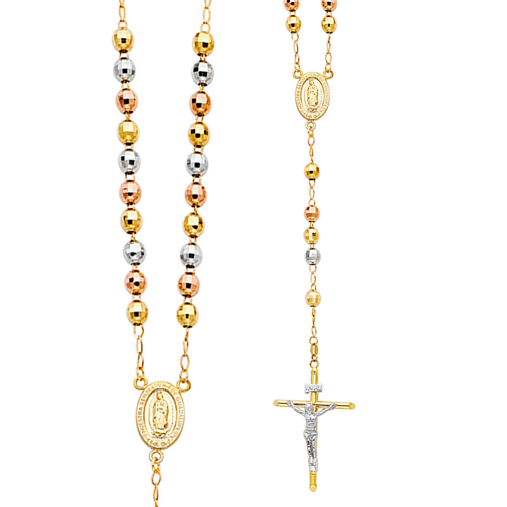 14K Tri Color Yellow Rose White Gold 6mm Ball Rosary Necklace - 26" | eBay