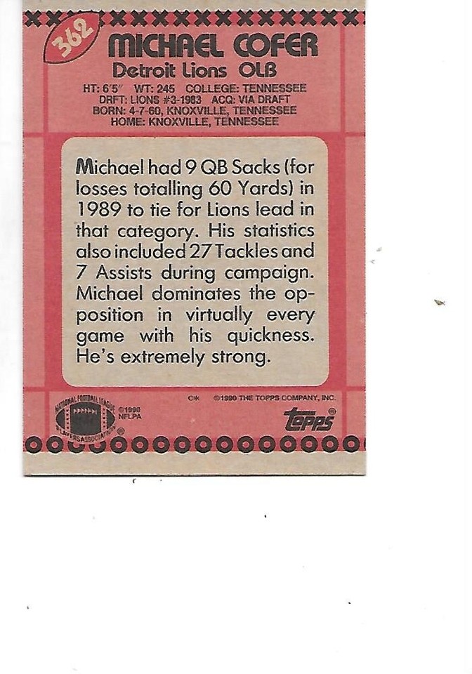 Michael Cofer 1990 Topps Football Card #362 Detroit Lions NM | eBay