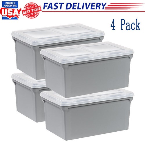 4 Pack Plastic File Tote Box Letter Organizer Stackable w/ Lid Clear ...