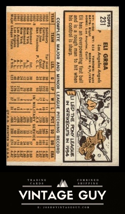 1963 Topps #231 Eli Grba Vintage Los Angeles Angels Baseball Card | eBay