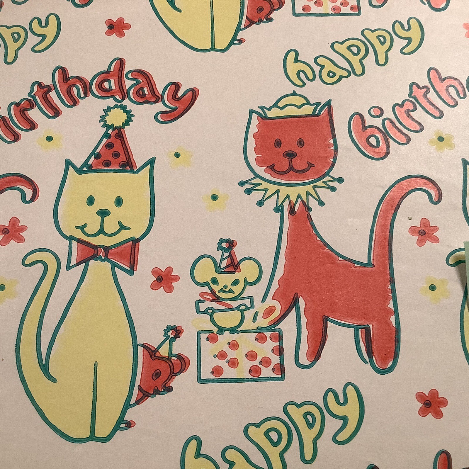 L633🌟Vintage 1940s Wrapping Paper-Fabulous HAPPY Birthday CAT NEON ...
