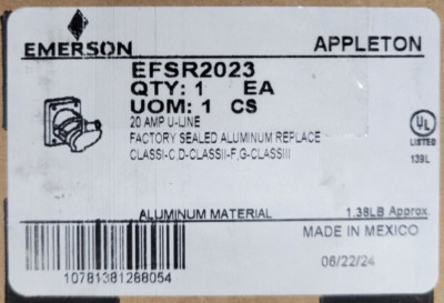 Appleton EFSR2023 Receptacle 20A Aluminum Brand New Factory Sealed | eBay