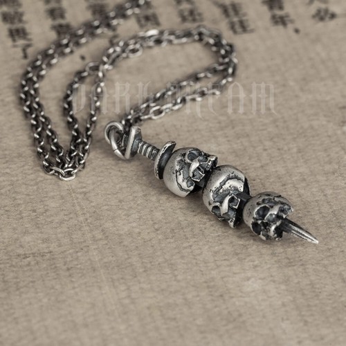 925 Sterling Silver Sword Through Skulls Necklace Pendant Charm Punk ...