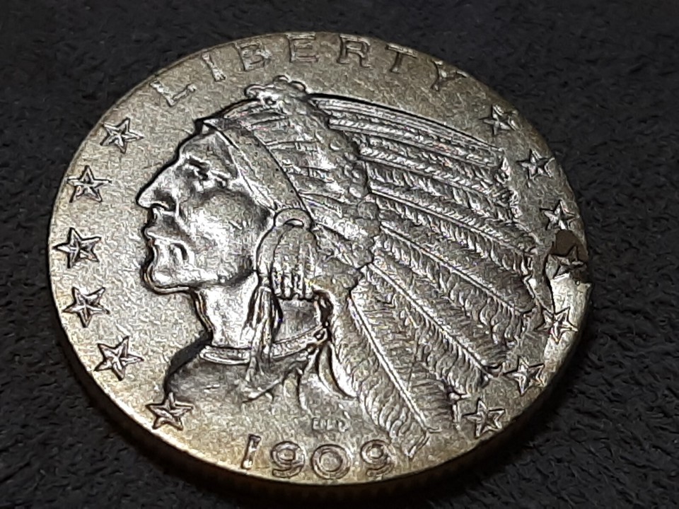 GOLD COIN $5 DOLLAR HALF EAGLE CHEIF INDIAN HEAD 1909 D LAMINATION ...