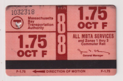 BOSTON - MBTA Monthly Pass Oct. 1988 ZONE 3 | eBay