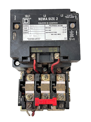 SQUARE D SIZE 2 MOTOR STARTER 600 VAC 25 HP 120V COIL 8536 SDG1 ...