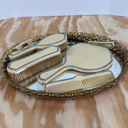 Vtg Ivory and Blue Celluloid Ivory Pyralin Vanity Set 6 Piece w/Mirror ...