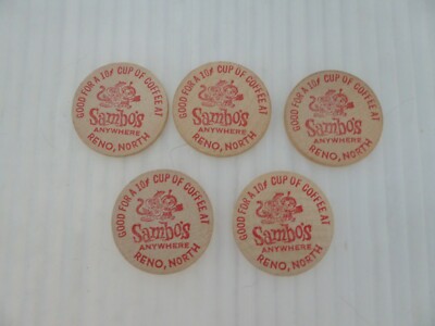 Vintage 5 Sambo's Sambos Wooden Coffee NEVADA RENO NORTH Wood Token ...