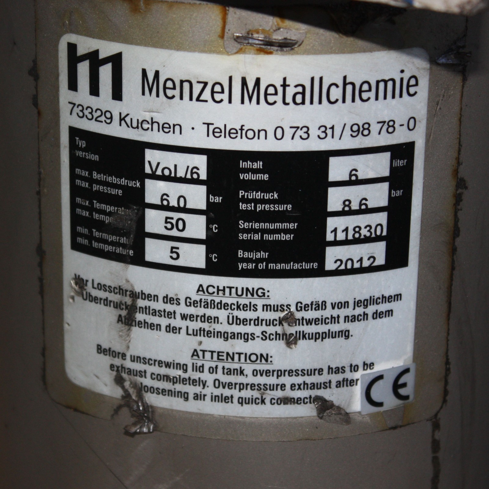 Menzel Metallchemie Vol./6 6 liter 6 bar Stainless INDUTEC pressure ...