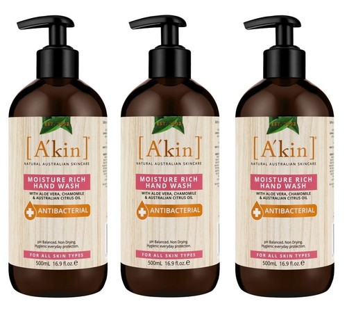 3 x A'KIN AKIN 500mL MOISTURE RICH HAND WASH ANTIBACTERIAL BRAND NEW | eBay