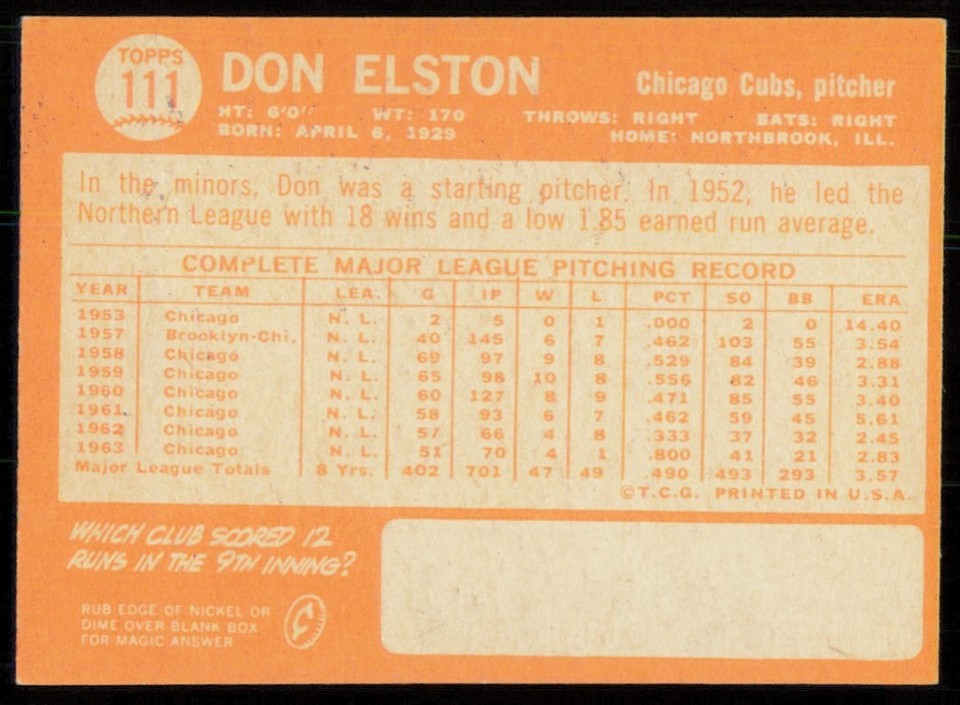 1964 TOPPS DON ELSTON CHICAGO CUBS #111 EX-EXMT | eBay