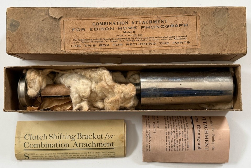 OLD Antique EDISON HOME PHONOGRAPH 2 Minute Mandrel w/ Attachment Box ...