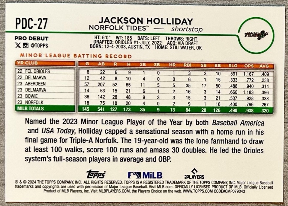 2024 Topps Pro Debut Jackson Holliday #PDC-27 Chrome Refractor Norfolk ...