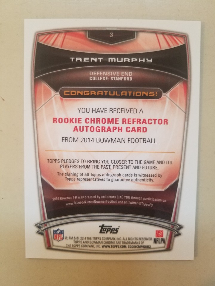 Trent Murphy Signed Auto Rookie RC 2014 Bowman Chrome Refractor ...