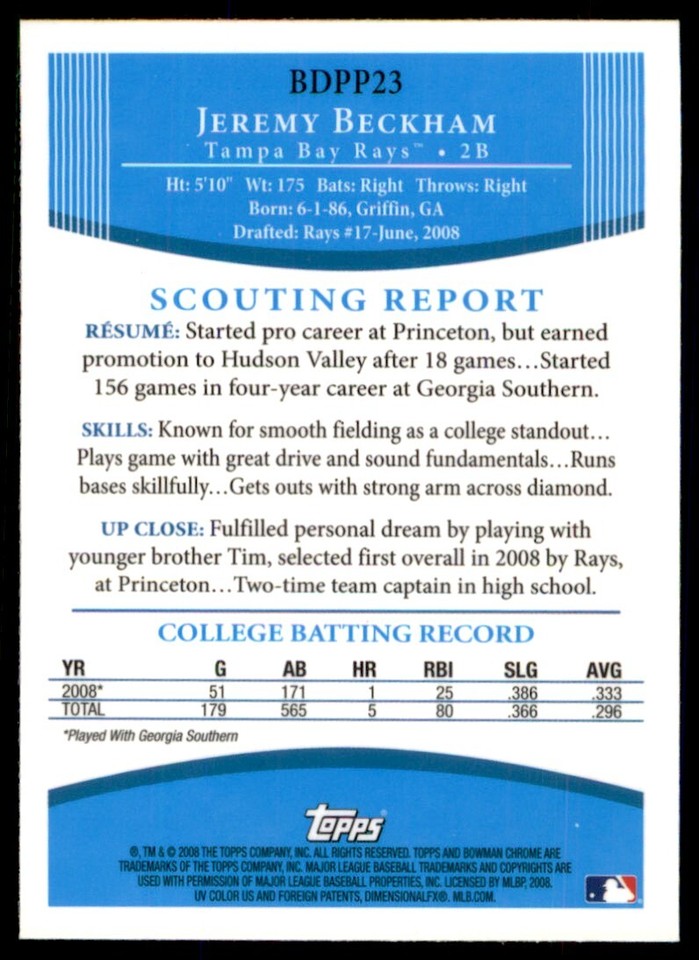 2008 BOWMAN DRAFT PICKS & PROSPECTS CHROME JEREMY BECKHAM TAMPA BAY ...