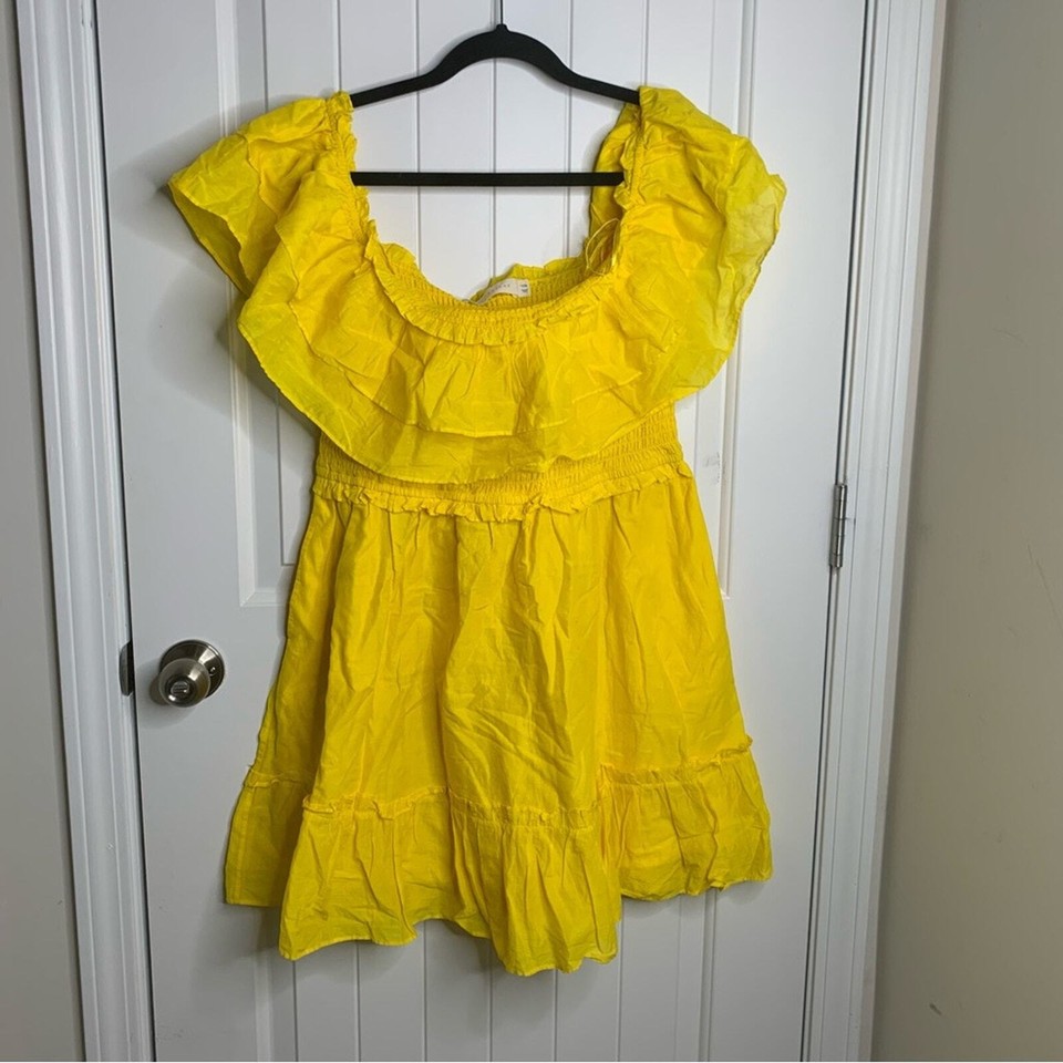 Happy Nature Kate Hudson yellow off the shoulder ruffle sun dress size ...