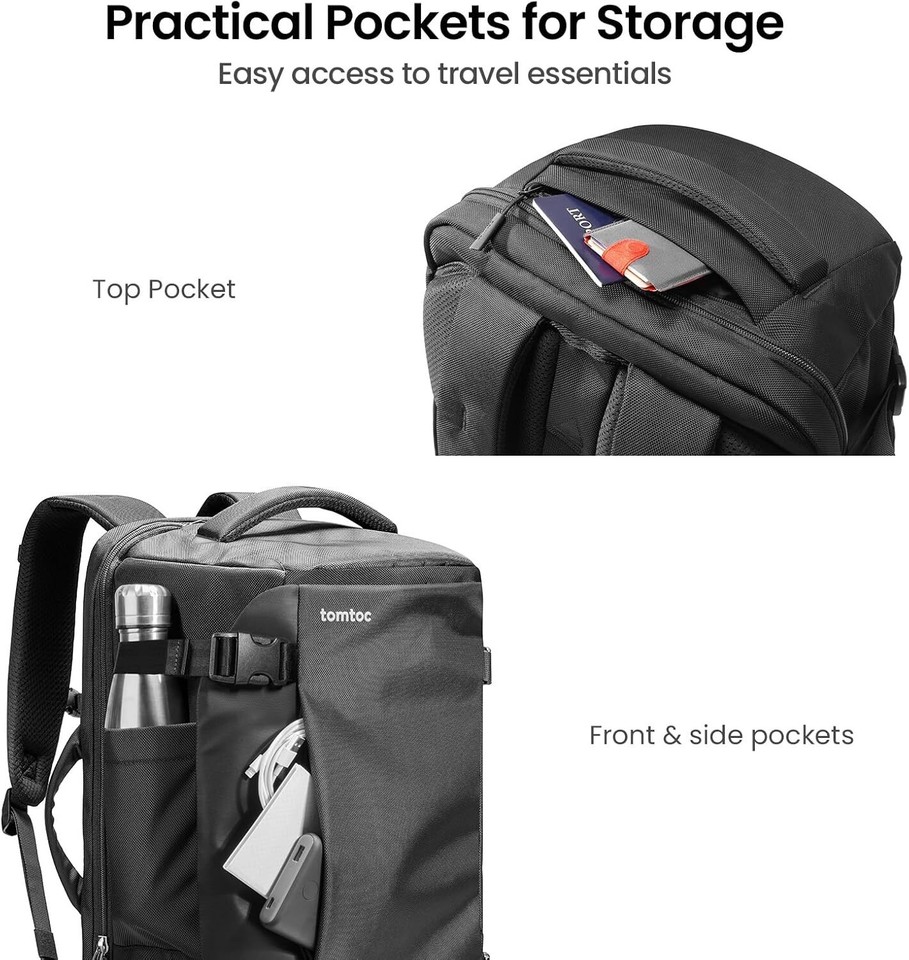 tomtoc Travel Backpack 40L, TSA Friendly Flight Approved Carry-on Black ...