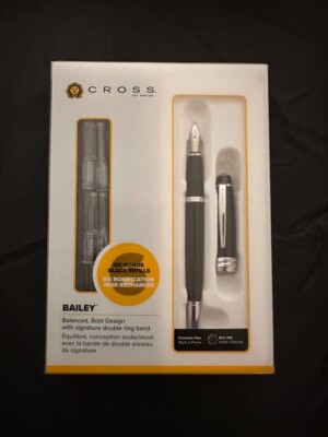 Cross Bailey Fountain Pen, Black & Chrome, Medium Nib, Black Ink | eBay