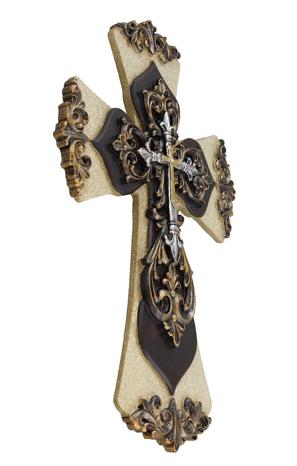 Old River Decorative Layered Tuscan Wall Cross Scrolly Fleur De Lis | eBay