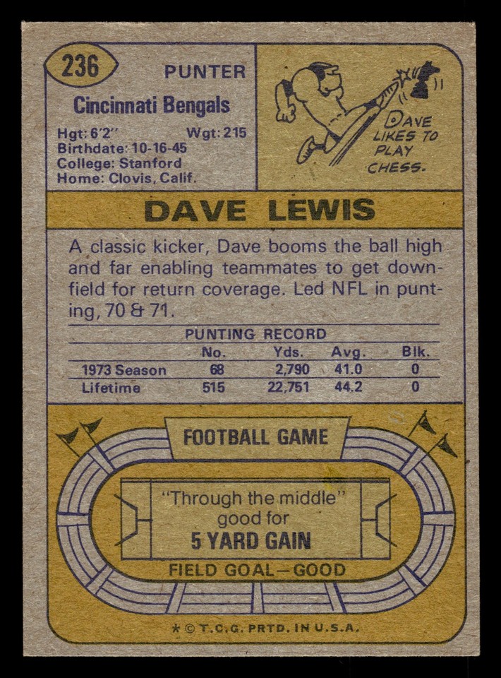 1974 Topps Dave Lewis #236 Cincinnati Bengals HIGHER GRADE | eBay