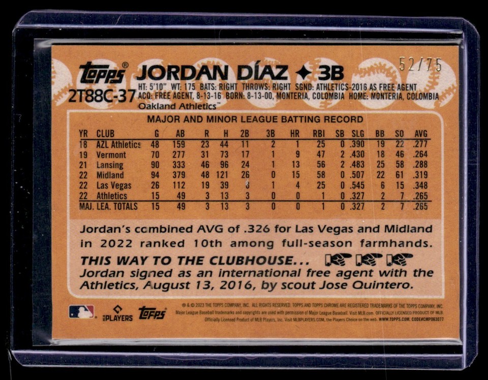 2023 Topps Mojo Purple Refractor Jordan Díaz RC 52/75 Oakland Athletics ...