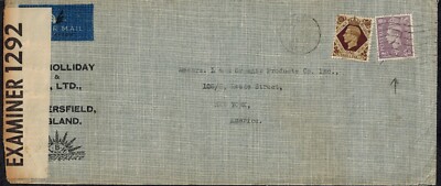 WWII England 1943 Censor Cover w/ Tape 1292 Type 1F Hudersfield, UK to ...