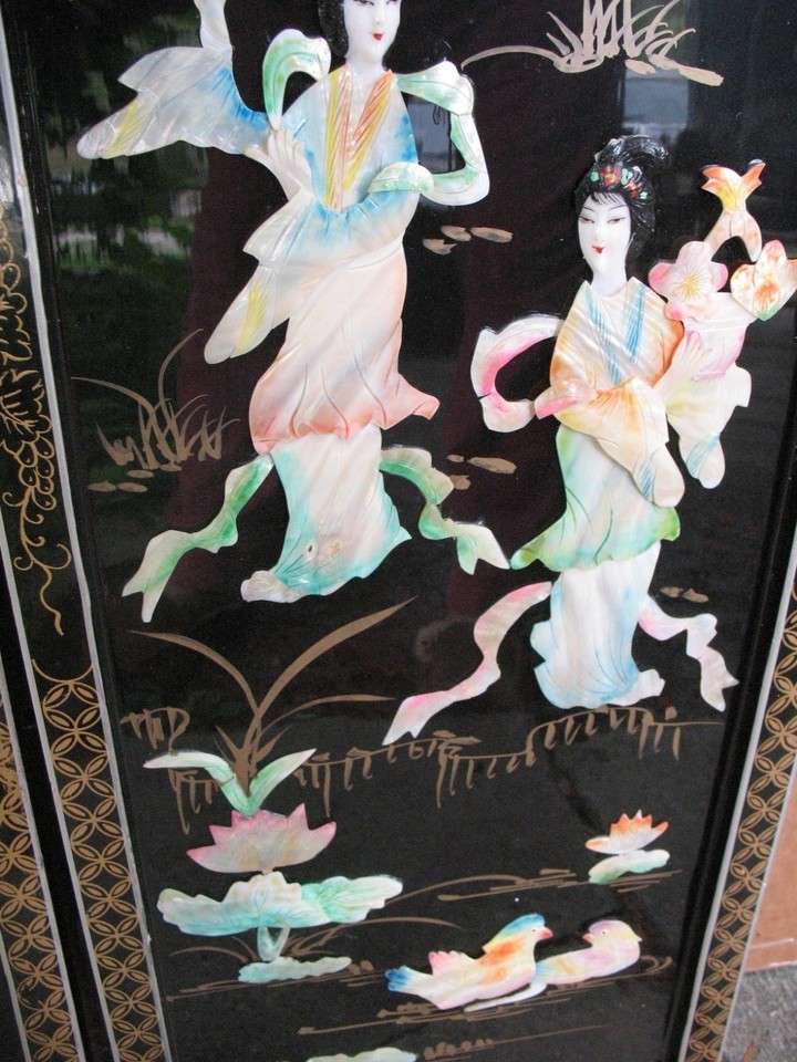 JAPANESE SHIBAYAMA MOTHER OF PEARL INLAID LACQUER WALL HANG PANELS | eBay