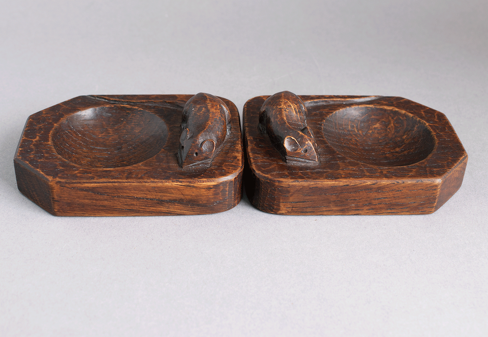MOUSEMAN Robert Thompson PIN TRAYS Rare HANDED PAIR Carved Oak VINTAGE ...