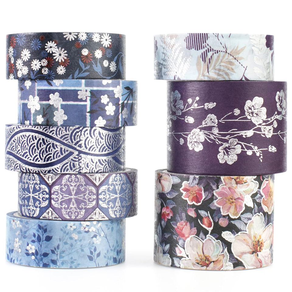 Elegance Blue Washi Tape Set 8 Rolls Wide Silver Embellishment ...