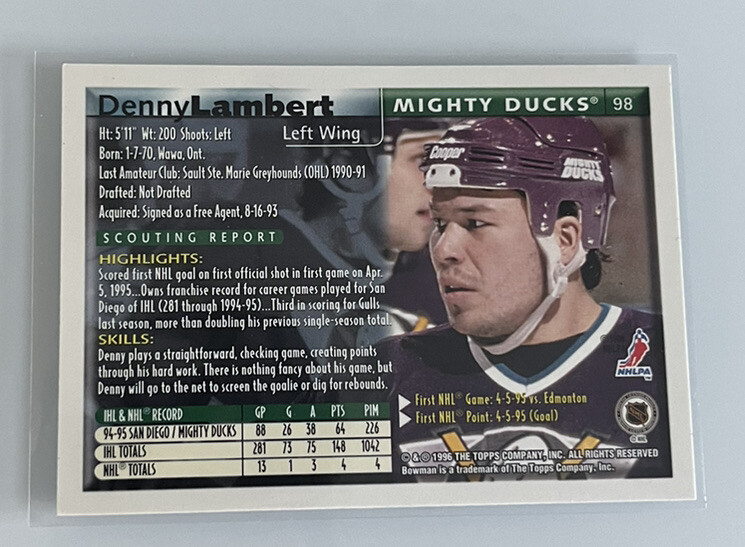 1995-96 Bowman Denny Lambert #98 Rookie RC Anaheim Ducks Auto Autograph ...
