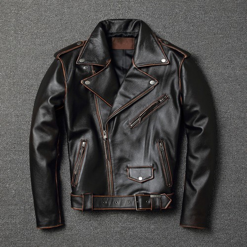 Spring Leather Jacket Men's Short Lapel Retro Cowhide Motorcycle Biker ...