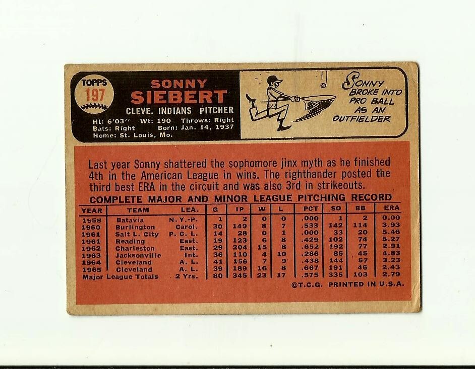 1966 TOPPS #197 Sonny Siebert: Cleveland Indians: DOUBLE PRINT ...