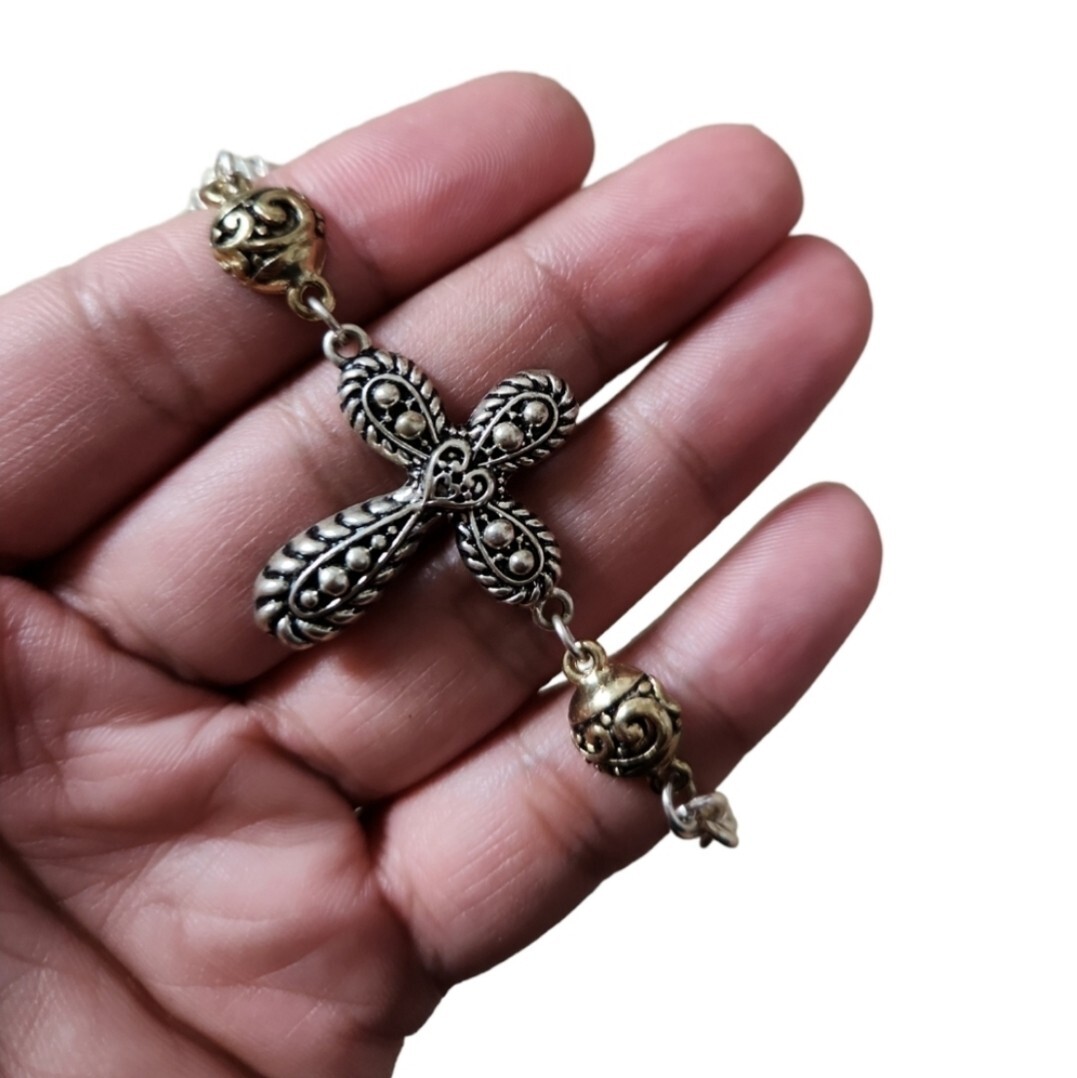 Silver Gold Toned Cross Trio Pendant Necklace - Gem