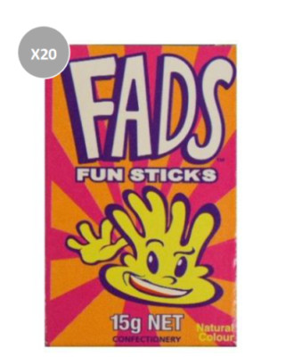 900866 20 X 15g BOXES OF THE FADS FUN STICKS LOLLIES CANDY MUSKY ...