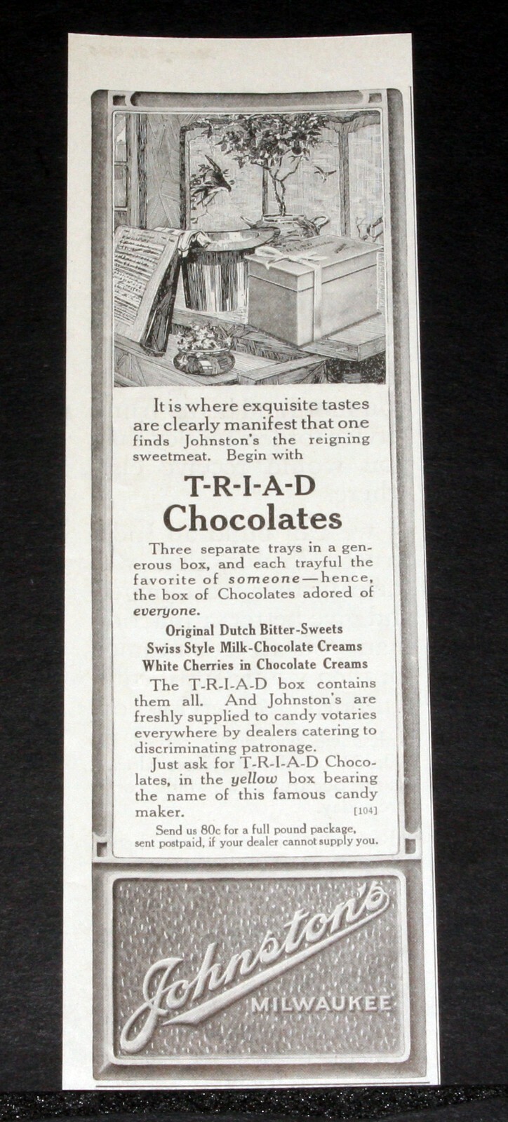 1914 OLD MAGAZINE PRINT AD, JOHNSTON'S T-R-I-A-D CHOCOLATES, ADORED OF ...