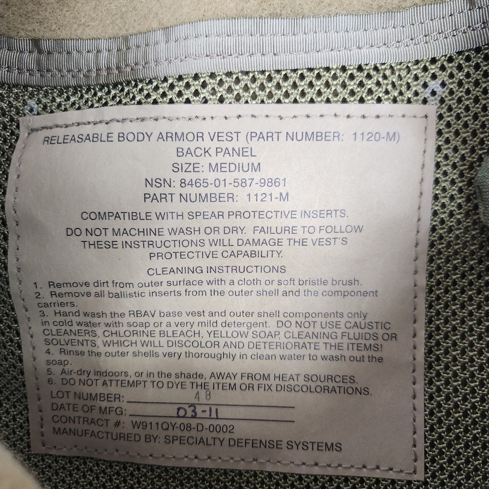 New Specialty Defense Releasable Body Armor Vest Medium Plate Carrier ...